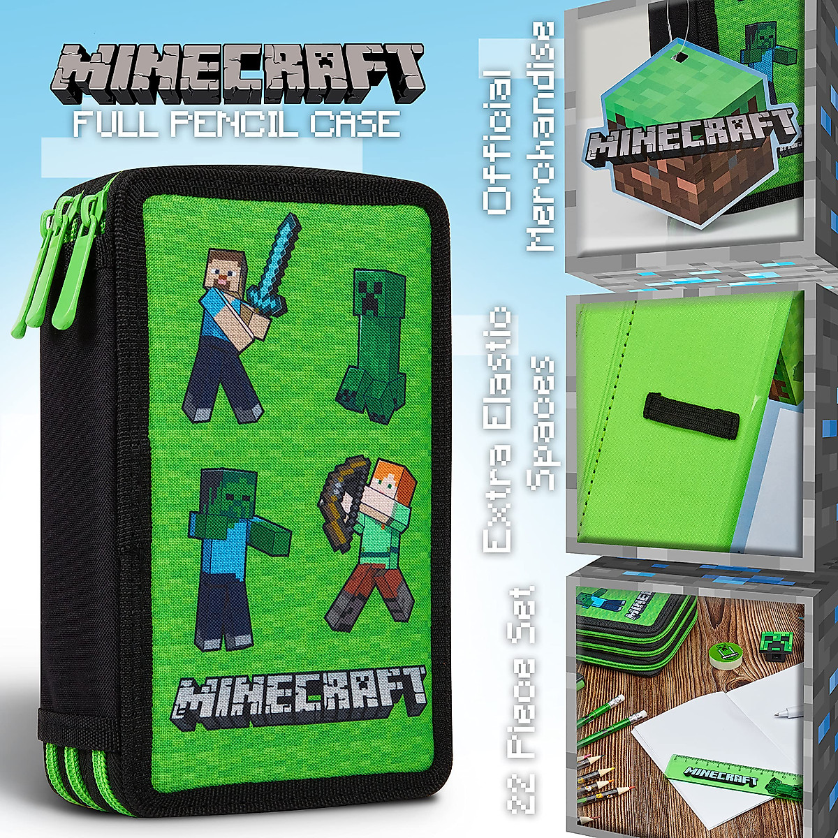 Minecraft Children's Pencil Case with Multiple Compartments, Stationery Included – School Supply (Green Mob)