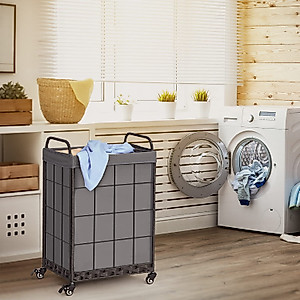 Laundry Hamper with Heavy Duty Rolling Lockable Wheels; Durable Laundry Basket with Detachable Liner Bag; Collapsible Clothes Hamper with Metal Handle (Grey)