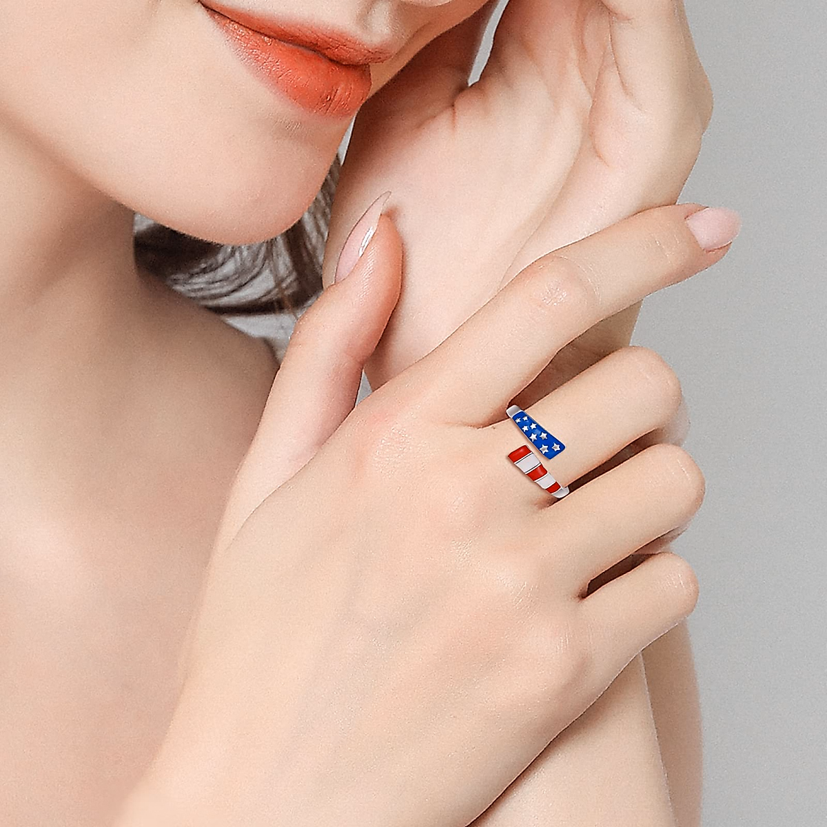 APOTIE Silver USA America Flag Ring - S925 Patriotic Independence Day Star Jewelry 4th of July Gifts for Women (America Flag1)