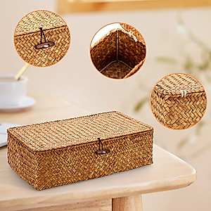 ELLDOO Tea Bags Box with Lid, Wicker Rattan Sugar Packet Holder Coffee Station Condiment Organizer Countertop Storage Desk Baskets for Pantry Coffee Bar Shelves, 8 Grids