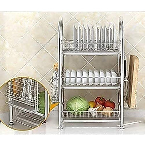 Plate Rack Dish Drainer Rack Drainer Holder Organization Shelf Kitchen Stainless Steel Utensil Chopping Board Holder with Drain Pan Plate Holder (Color : Silver, Size : 3-Tier)