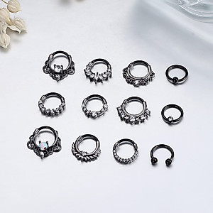 Ubjuliwa 12pcs Septum Jewelry 16g Daith Earrings Hinged Hoop Nose Rings Septum Clicker Cz Stainless Steel Cartilage Earring Helix Tragus Daith Piercing Jewelry 8mm Black