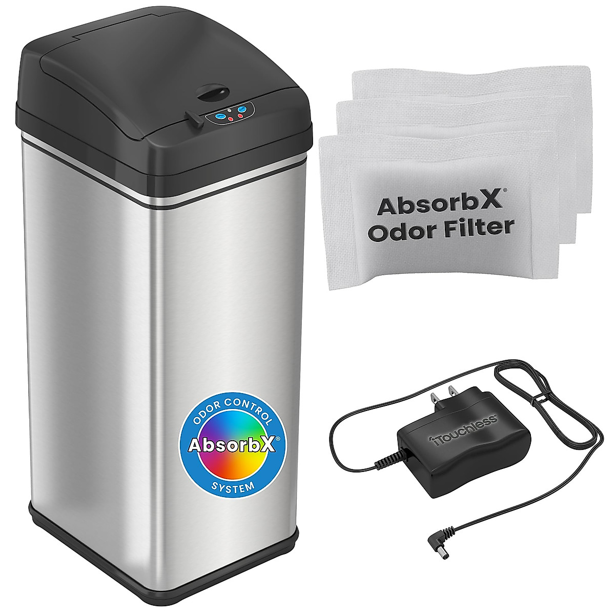 iTouchless Automatic Trash Can with AC Adapter and 3 Odor Filters, Big Lid Opening Touchless Sensor Kitchen Trash Bin, 13 Gallon, Stainless Steel