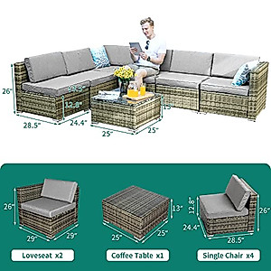 YITAHOME 7 Piece Outdoor Patio Furniture Sets, Garden Conversation Wicker Sofa Set, and Patio Sectional Furniture Sofa Set with Coffee Table and Cushion for Lawn, Backyard, and Poolside, Gray Gradient