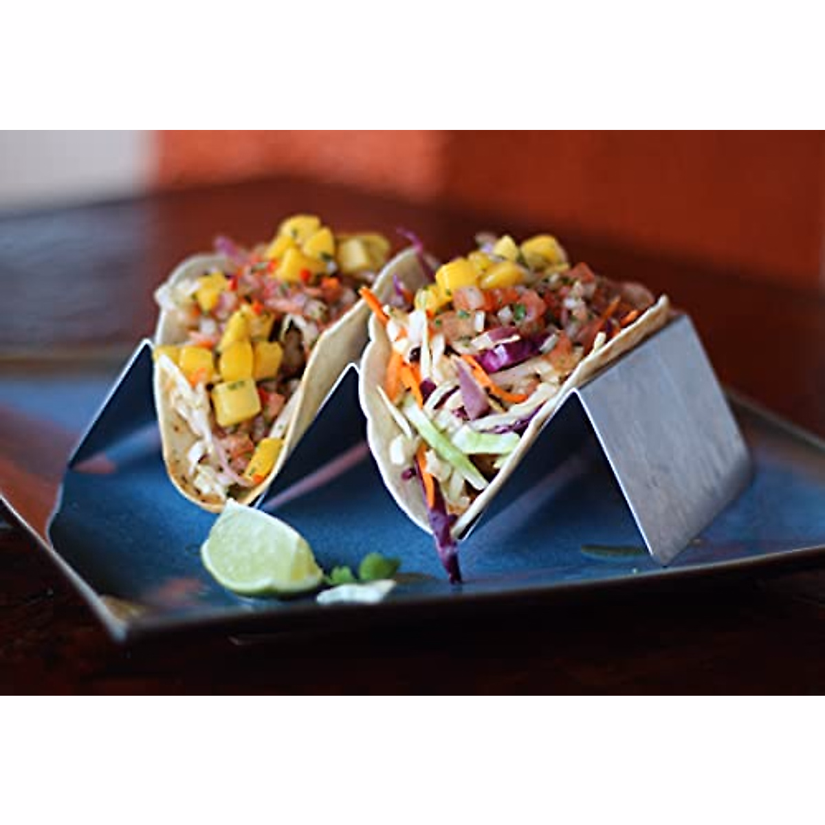 Iconikal Stainless Steel 2 or 3 Tacos Holder Stand Serving Tray Plate, 4-Pack