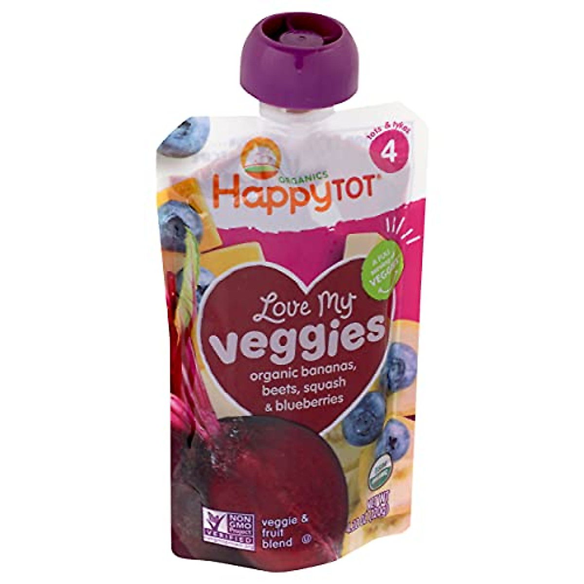Happy Tot Love My Veggies Stage 4 Organic Toddler Food Banana Beet Squash & Blueberry, 4.22 Ounce Pouch Organic Baby Food/Toddler Food Pouches, Fruit and Veggie Blend, Full Serving of Vegetables