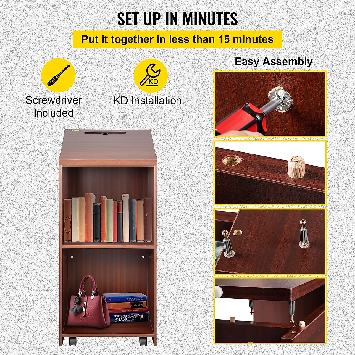 VEVOR Wood Podium, 23.6" x 47.2", Lecterns and Podiums w/ 4 Rolling Wheels, Slant Surface, Baffle Plate & Shelf, Easy Assembly Walnut Lecterns for Church, Office, School, Home