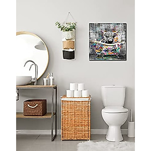 Kepgonegu Highland Cow Bathroom Wall Art Banksy Graffiti Canvas Wall Art Black and White Wall Art Ready to Hang Size 14”W x 14”H