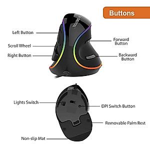 J-Tech Digital Ergonomic Mouse Wired - RGB Vertical Gaming Mouse with 5 Adjustable DPI Settings up to 4000 DPI, Computer Mouse for Carpal Tunnel, Removable Palm Rest and Thumb Buttons [V628R]