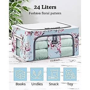 LitBear 2 Pack 24L Clothes Storage Bins Foldable Metal Frame Storage Box - Stackable Oxford Fabric Container Organizer Set with Carrying Handles and Clear Window(Blue floral)
