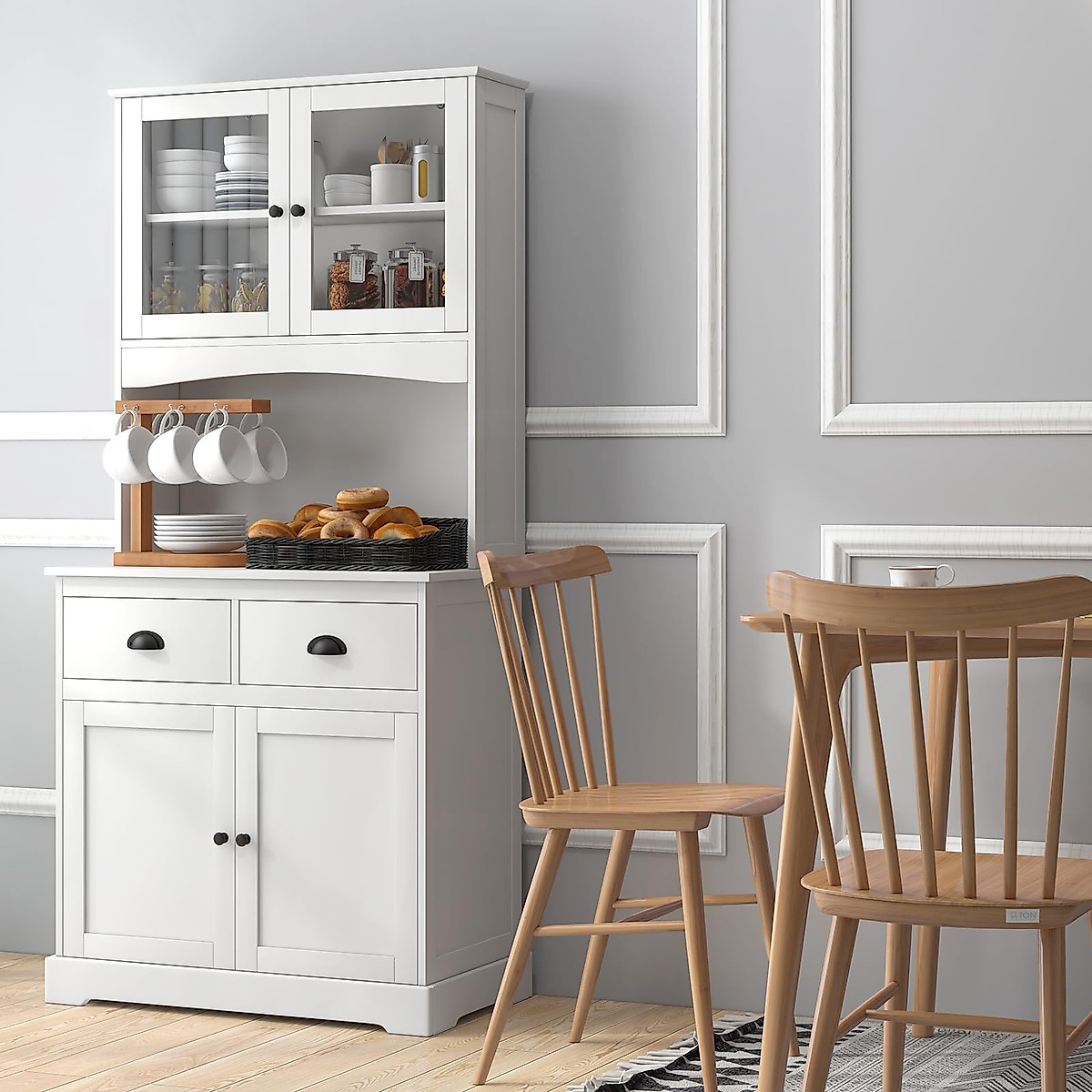 SILKYDRY 67” Kitchen Hutch Storage Cabinet, Tall Pantry Buffet Cabinet with Glass Doors, Adjustable Shelves, 2 Large Drawers, Dining Room Cupboard, Kitchen Hutch with Countertop