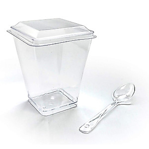 zappy 42 5 oz Tall Square Mini Dessert Cups with Lids and Tasting Spoons, Large Dessert Glasses Shot Glasses Trifle Bowl, Clear Disposable Plastic Dessert Tumbler Cups Small Party Cups