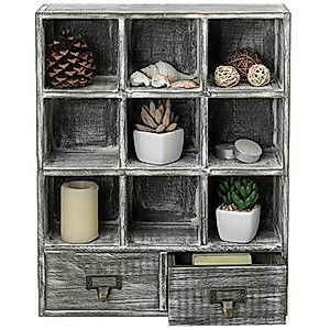 MyGift Wall-Mounted Wood Shadow Box Shelf - Graywashed Wooden Table Top Display Organizer with 2 Pull Out Drawers