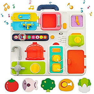 Kitchen Busy Board with Music and Lights, Toddler Travel Toys for Babies 18+ Months, Montessori Busy Board Educational Learning Activities Fine Motor Skills & Kitchen Cognition Game Board