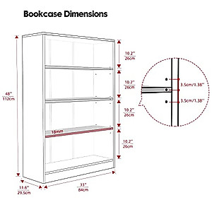 Wood Bookcase 4-Shelf Freestanding Display Wooden Bookshelf for Home Office School (11.6" D*33" W*48" H,White)