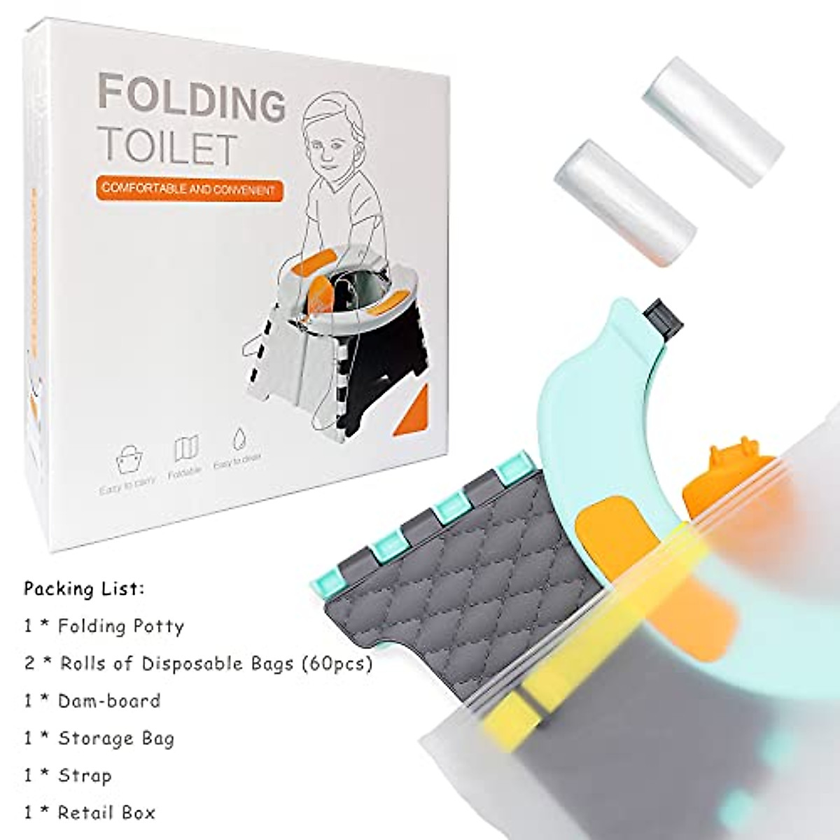 Toddler Portable Potty Training Seat for Kids Baby Foldable Toilet Child Travel Potty in Car Camping Potty Chair Seat for Indoor Outdoor, with 60 Disposable Bags