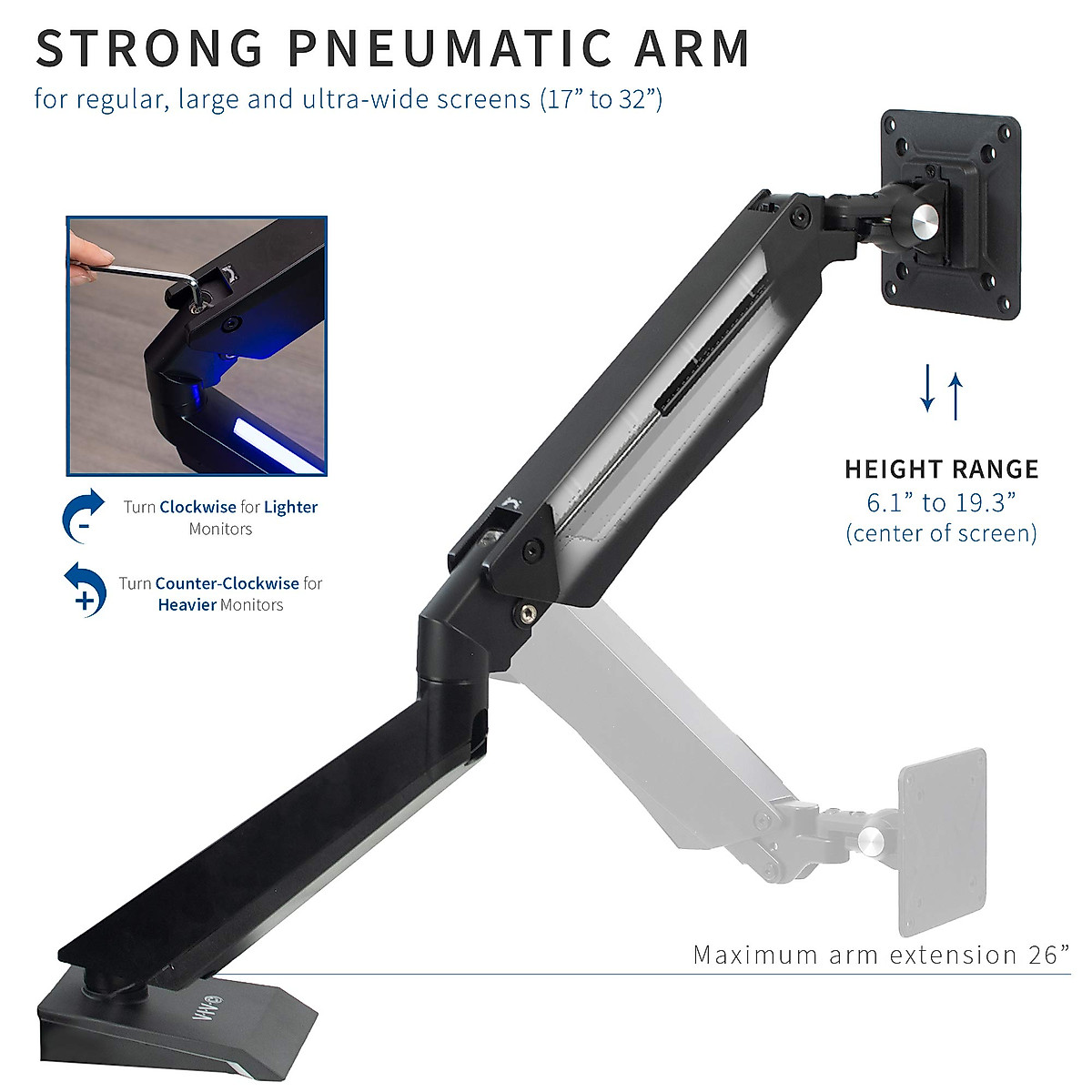 VIVO Premium Single 17 to 32 inch Gaming Pneumatic Monitor Arm Clamp-on Desk Mount Stand with Blue LED Lights, Max VESA 100x100, Black STAND-GM1BB