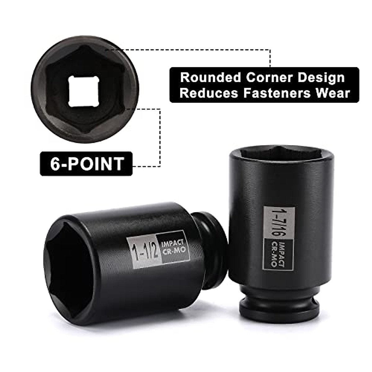Mayouko 7PCS 1/2 Inch Drive Deep Impact Socket Set, 1-3/8" - 1-3/4", Spindle Axle Nut Sockets, SAE, Deep, 6-Point, CR-MO