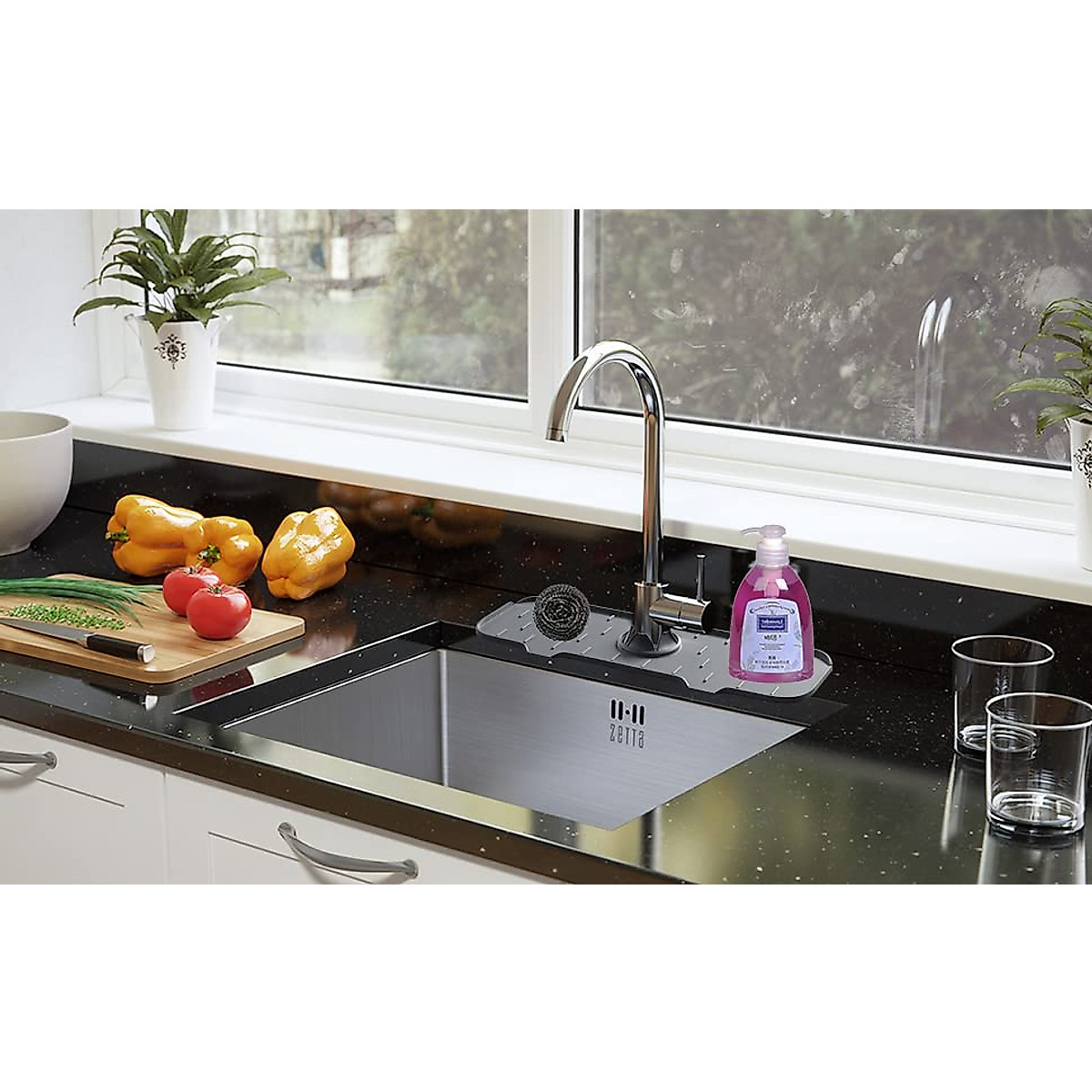 Kitchen Sink Splash Guard, Silicone Faucet Handle Drip Catcher Tray, Faucet Absorbent Mat, Sink Protectors for Kitchen Sink, Sink Mat for Bathroom, Farmhouse and RV, Kitchen Sink Accessories