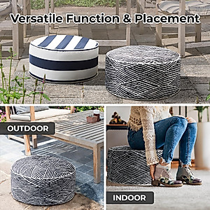 510 Design Inflatable Ottoman Stool Portable Round Pouf, Handle, Inflatable Foot Rest, Weatherproof & Water Repellent Indoor/Outdoor Ottomans for Patio Garden, Camping, Pool, D21 x 9" H, Black/White