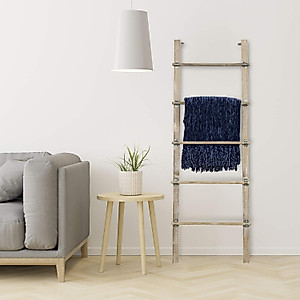 MyGift Solid Wood Vintage Brown Washed Wall Leaning Quilt Ladder, Farmhouse Bathroom Ladder Holder Rack with Rustic Metal Cuffs