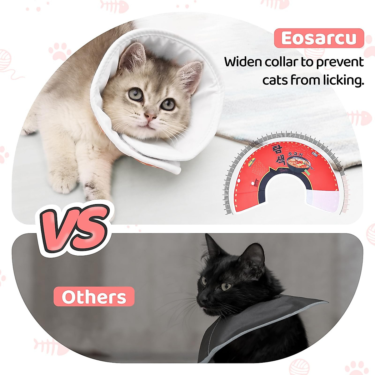 Eosarcu Cat Cone Collar Soft, Widen Cat Collar to Stop Licking, E Collar for Cats, with Strong Velcro & Waterproof Fabric, Ramen Style (M)