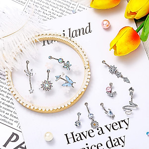 10 Pcs Dangle Belly Button Rings Piercing Belly Button Rings for Women Silver Heart Stainless Steel Curved Belly Rings Jewelry Dangling Cute Heart Butterfly Navel Rings Women's Body Piercing Barbells
