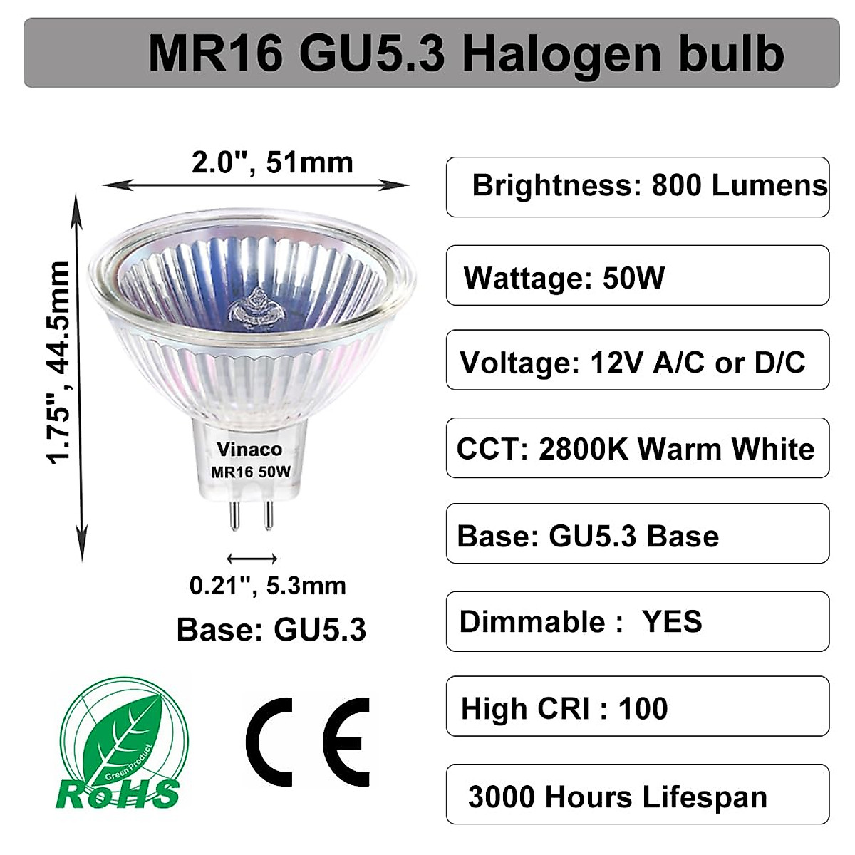 Vinaco MR16 Bulb，6 Pack MR16 Halogen Bulb 50W GU5.3 Base, 800LM High Output MR16 12V 50W Halogen, 2800K Warm White MR16 Dimmable with Clear Glass Cover, MR16 GU5.3 for Landscape, Track Lights