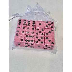 1 Dozen Pink Dice with Black Dots - Perfect for Bunco! 16mm Square - Excellent Quality - Organza Storage Bag Included - Bunco Party Supplies - Casino Party Supplies