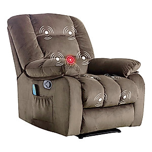 ANJHOME Overstuffed Massage Recliner Chairs with Heat and Vibration, Soft Fabric Single Manual Reclining Chair for Living Room Bedroom (Brown)