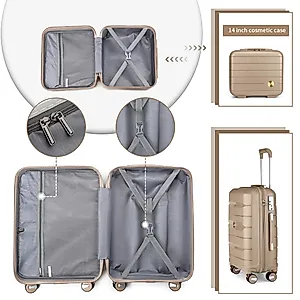 Somago Luggage Sets and Packing Cube Travel Set Lightweight Hardside Polypropylene Suitcases with Double Spinner Wheels and TSA Lock,Noble Golden