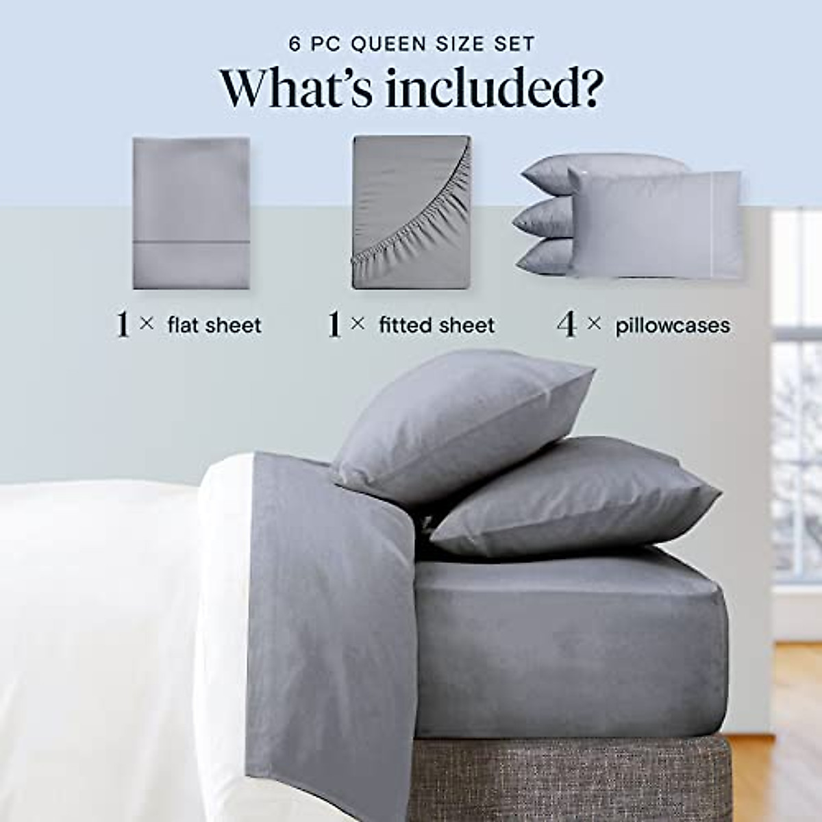 LuxClub 6 PC Queen Sheet Set, Bamboo Sheets Queen Size, Deep Pockets 18" Eco Friendly Wrinkle Free Cooling Bed Sheets Machine Washable Hotel Bedding Silky Soft - Light Grey Queen