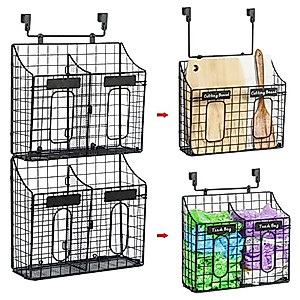Dispenser Plastic Bag Holder With Detachable Grid Divider, Bag Saver Over the Cabinet Door Organizer with Nameplates for Trash Grocery Bags Cuttingboard Holder for Kitchen Storage Hanging&Wall Mounted