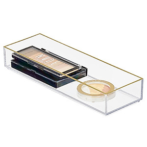 mDesign Slim Plastic Drawer Organizer, Storage Container for Cosmetics, Makeup, and Accessories on Bathroom Vanity, Countertop, or Cabinet - Lumiere Collection - 3 Pack - Clear/Soft Brass
