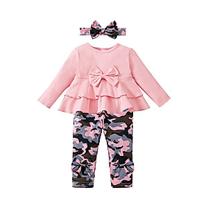 FOCUTEBB Baby Girl Clothes 6-9 Months Infant Girl Sweatshirt Outfits Fall Winter Outfits Long Sleeve Ruffle Tops Camo Pants Sets Headband Pink 6 9 Months
