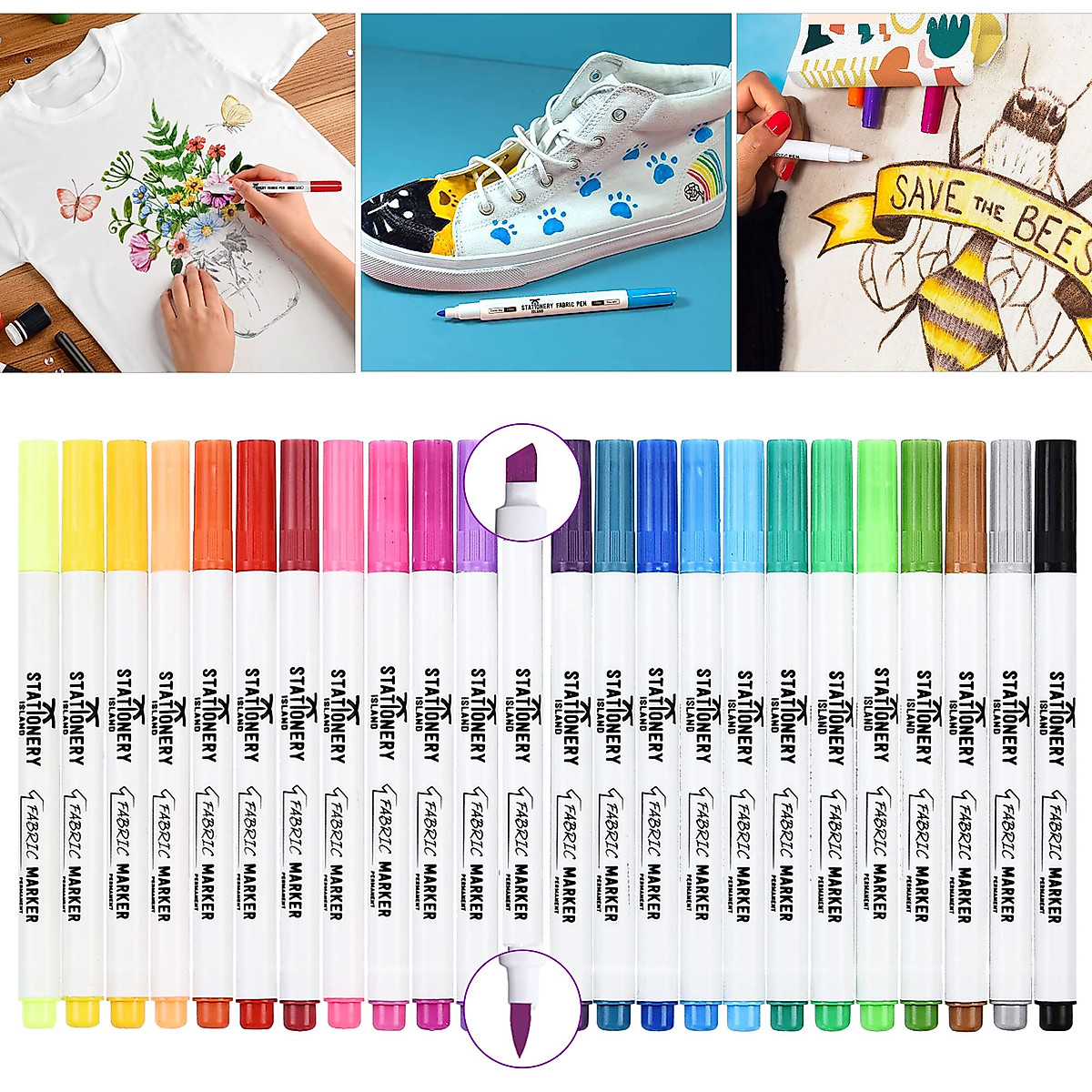 Stationery Island Fabric Markers 24 Colors Textile Permanent Marker Pen No Bleed Paint for Adults Kids Clothes Laundry T-Shirt, Shoes Handbags Graduation Signatures - Dual Felt Tip Nibs 1mm & 2mm