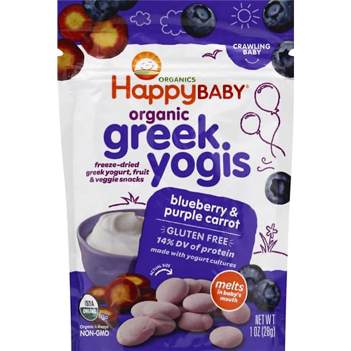 Happy Baby Organics Baby Snacks, Greek Yogis, Freeze Dried Yogurt &Veggie Fruit Snacks, Gluten Free Snack for Babies 9+ Months, Blueberry & Purple Carrot, 1 Ounce