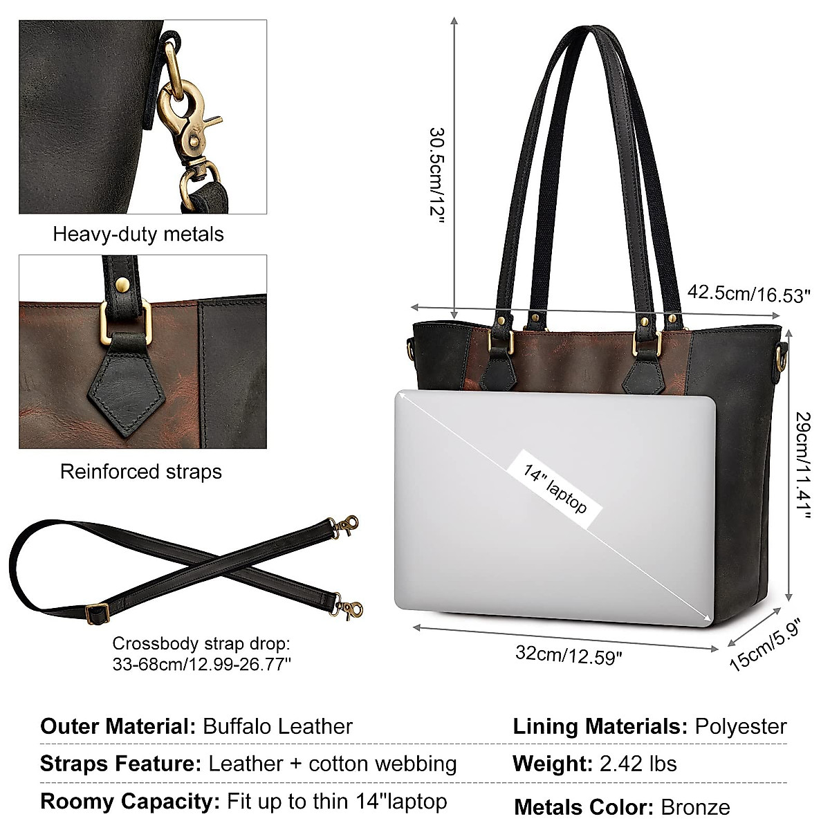 S-ZONE Women Vintage Genuine Leather Tote Bag Shoulder Handbag Crossbody Purse Two Tone