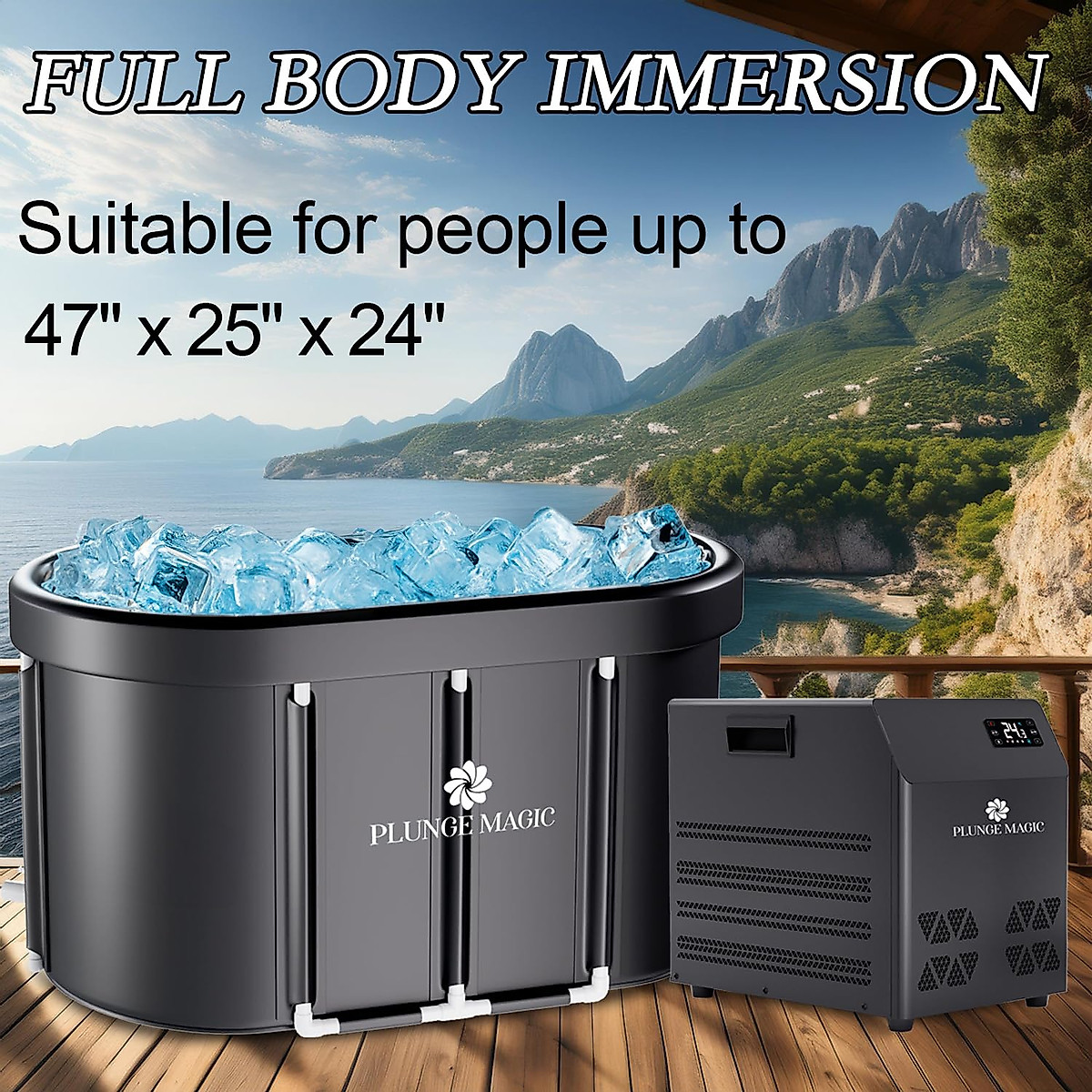 PLUNGE MAGIC Ultimate Cold Plunge Tub XL129 Gal Large Oval Ice Bath Tub With Cover for Athletes Portable, Equipped with 1/3 HP Smart-Chiller(cooling only) | 47" L x 25" W x 24" H (touchscreen)