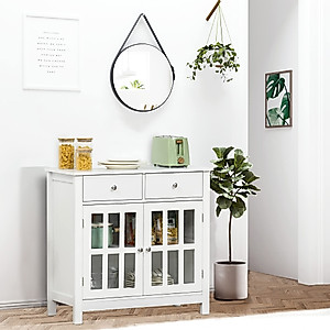 HOMCOM Sideboard Buffet Cabinet, Accent Kitchen Cabinet with Glass Doors, Adjustable Shelf and 2 Drawers for Kitchen, White