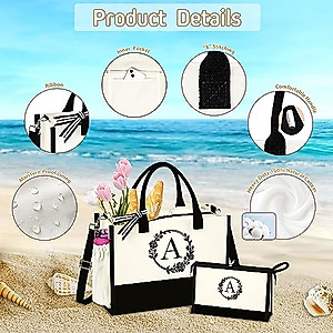 QLOVEA Large Initial Canvas Tote Bag with Zipper Travel Beach Bag with Embroidery Initial Gifts for Her Women