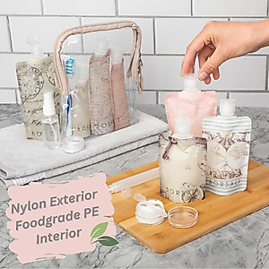 BORSALI Travel Bottles for Toiletries, TSA Approved 3 oz Travel Size Containers for Liquids, Flat Refillable Empty Squeeze Pouches for Shampoo & Conditioner, 18 Piece Set with TSA Approved Bag - Taupe