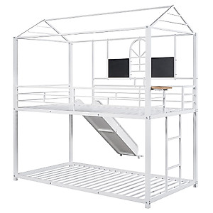 Bellemave Twin Over Twin Metal Bunk Bed with Slide, House Bunk Bed with Roof and Guardrails for Kids, Teens, Girls, Boys (White)
