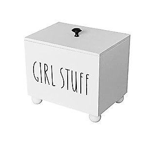 Tampon Holder for Bathroom, Farmhouse Pad Storage Container, Rustic Wood Bathroom Storage Bin with Lid, Period Organizer for Women, Feminine Products Caddy, Bathroom Accessories Decor Box (White)
