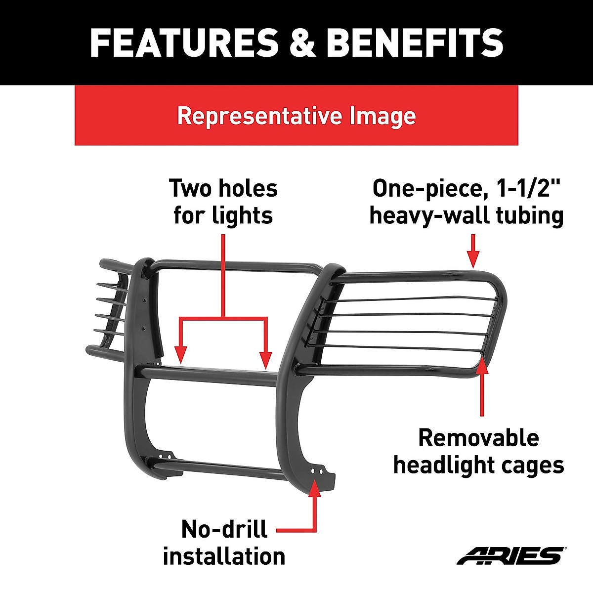 ARIES 4043 1-1/2-Inch Black Steel Grille Guard, No-Drill, Select Chevrolet Silverado 1500, Suburban, Tahoe