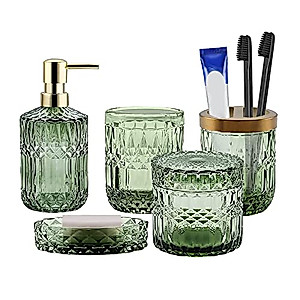 Bathroom Accessories Set, Glass Bathroom Set Include Lotion Dispenser, Soap Box, Toothbrush Cup, Mouthwash Cup, Cotton Swab Jar, Countertop Vanity Organize, Bathroom Home Decor