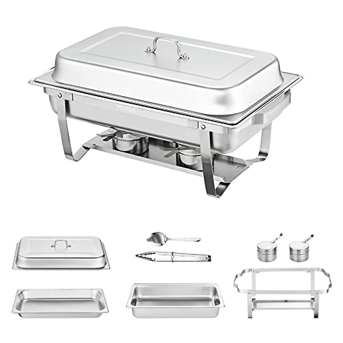 VEVOR Chafing Dish Buffet Set, 8 Qt 4 Pack, Stainless Chafer w/ 4 Full Size Pans, Rectangle Catering Warmer Server w/Lid Water Pan Folding Stand Fuel Tray Holder Spoon Clip, at Least 8 People Each