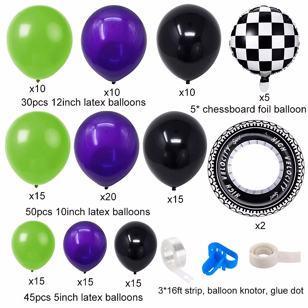 Monster Truck Theme Balloon Garland, 132pcs Black Green Dark Purple Balloon Arch with Car Wheel Balloon, Chessboard Foil Balloons for Monster Jam Theme Birthday, Baby Shower, Race Car Birthday Party