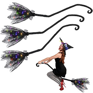 Lenwen 3 Pcs Halloween Lighted Witch Broom Plastic Lighted Witch Broomstick Light up Broomstick Glowing Costume Accessories for Cosplay Broom Props Dress up Halloween Party Decorations, 3 Colors