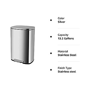 13.2 Gallon(50L) Trash Can, Fingerprint Proof Stainless Steel Kitchen Garbage Can with Removable Inner Bucket and Hinged Lids, Pedal Rubbish Bin for Home Office